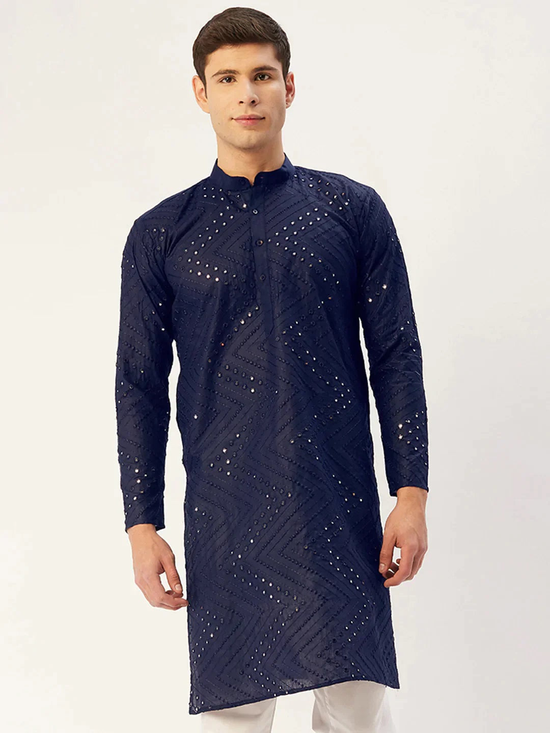 Men'S Navy Embroidered Mirror Work Kurta Only– Shine Beacon